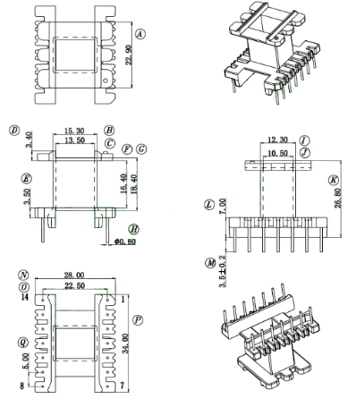 ابعاد قرقره و هسته سایز EE33 - ترانس کالا